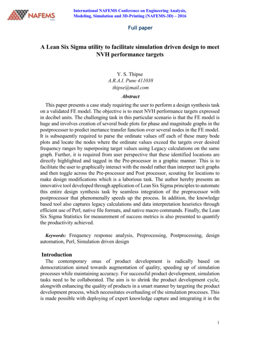 NAFEMS - A Lean Six Sigma Utility to Facilitate Simulation Driven Design to Meet NVH Performance ...